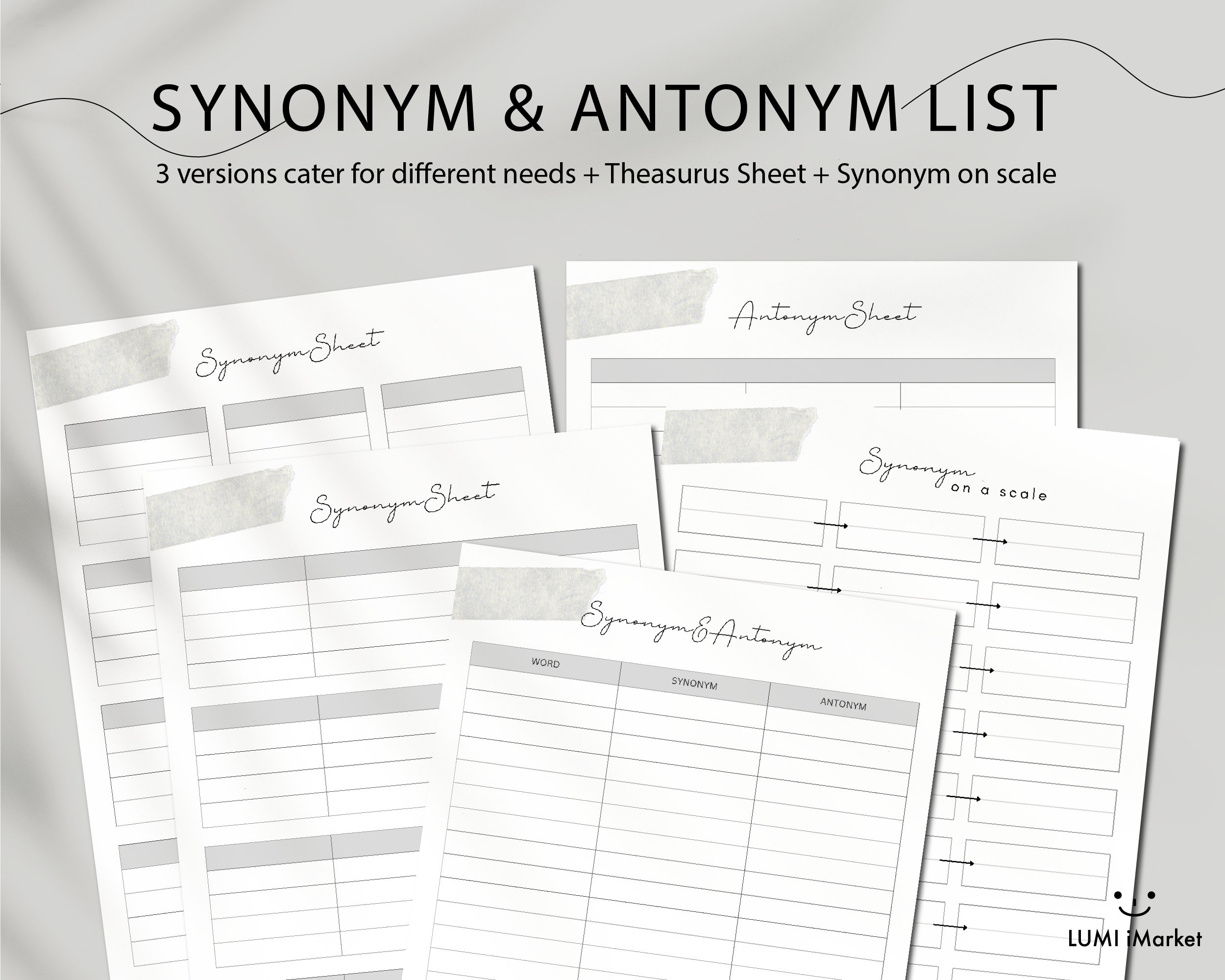 Synonym Antonym List Printable Note Inserts Vocabulary Worksheet ...