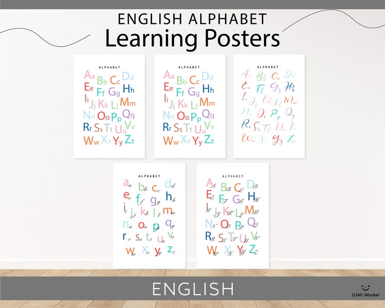 5 English Alphabet Educational Posters Upper Lower Letter Set of 5 ...