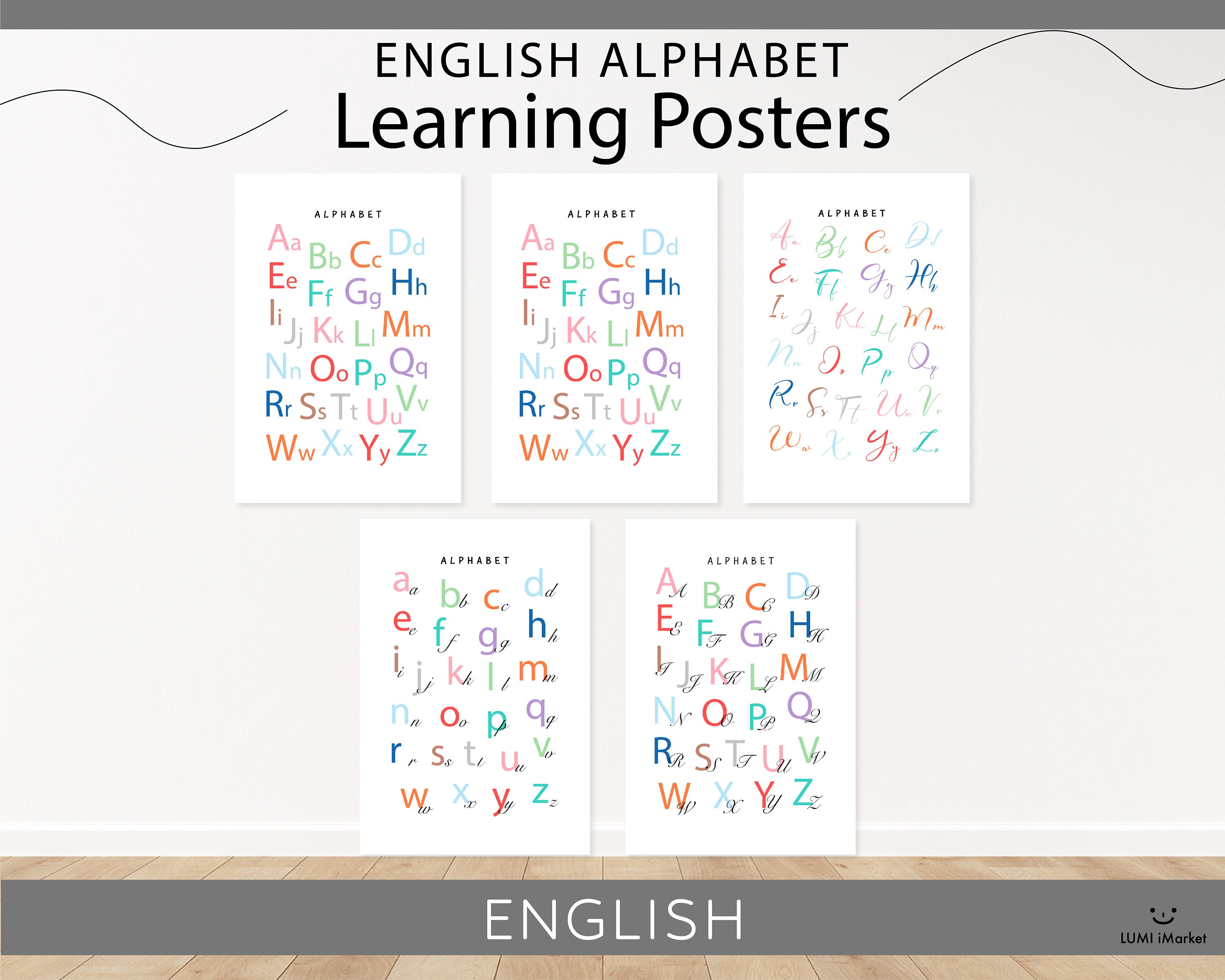 5 English Alphabet Educational Posters Upper Lower Letter Set of 5 ...