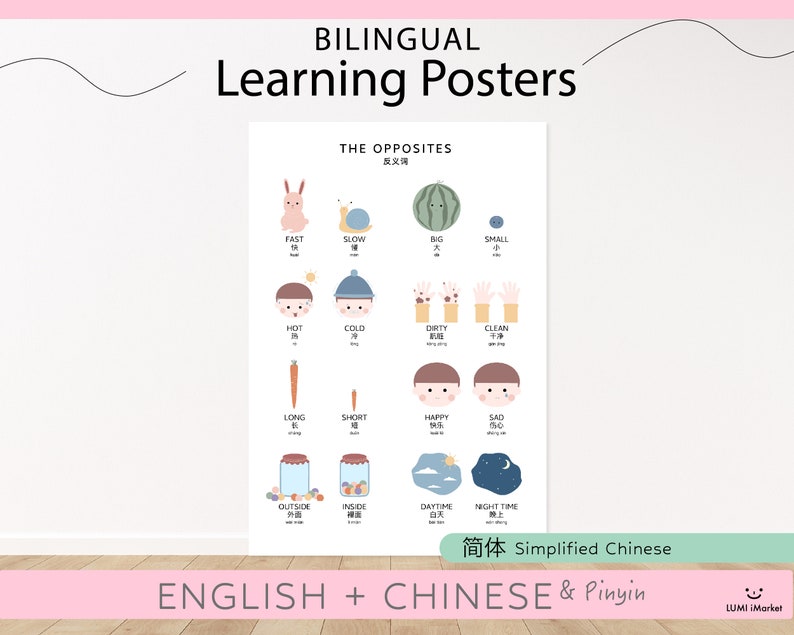 English Chinese Pinyin Bilingual Educational Posters | Opposite Words ...