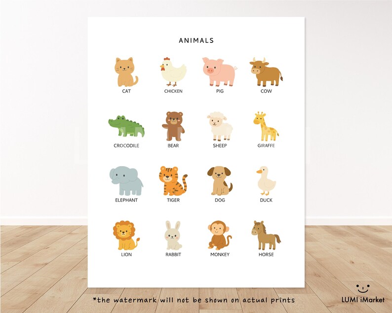 Animals Learning Poster | Common Animals | English Montessori Materials ...