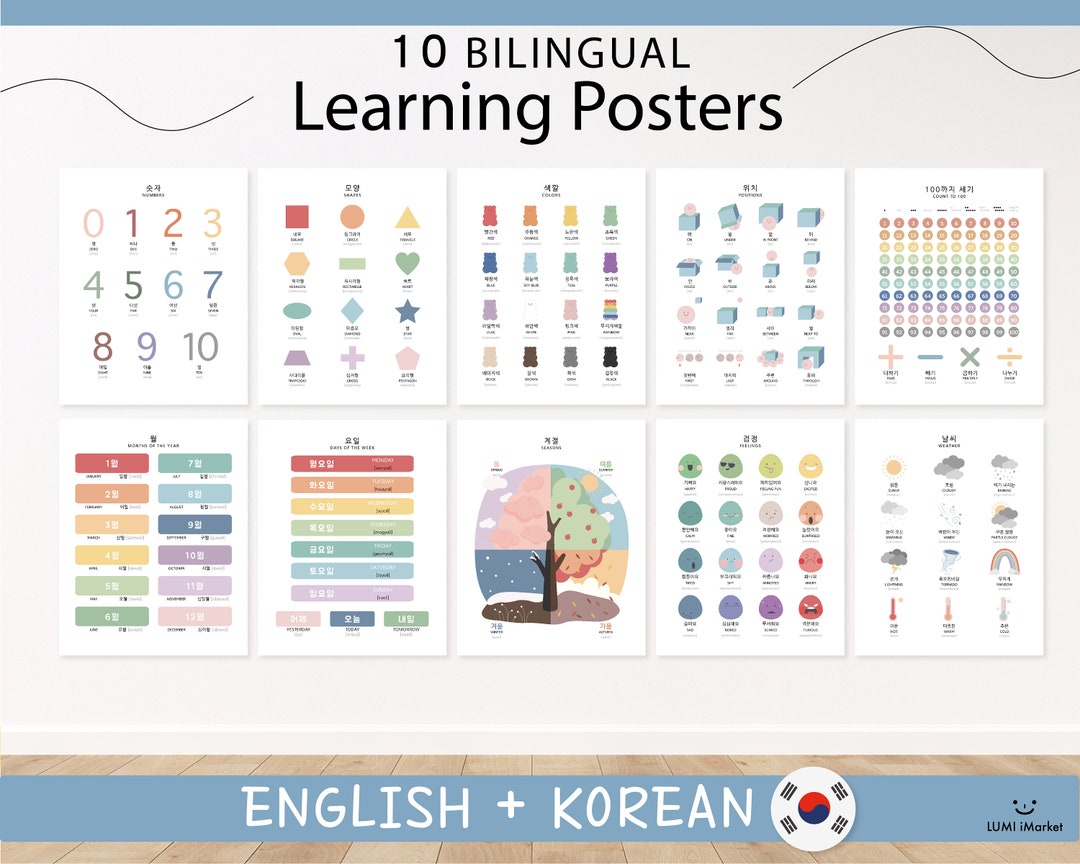 10 Bilingual English Korean Educational Posters Set of 10 Educational ...