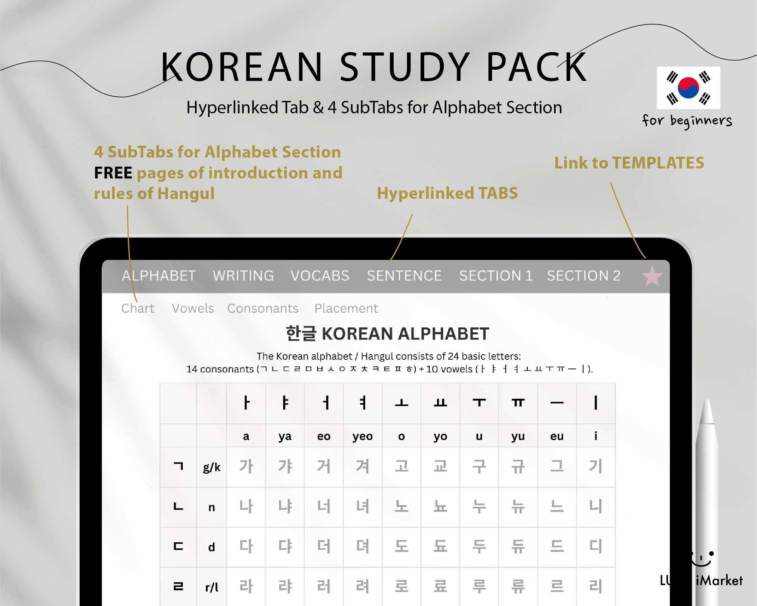 Korean Hangul Study Pack | Korean for Beginners|hyperlinked Learning ...