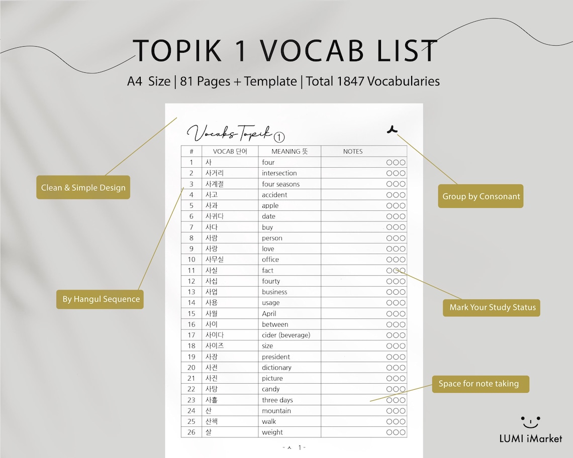 1800+ TOPIK 1 Korean Vocab List | Study Korean | Vocabulary Worksheet ...