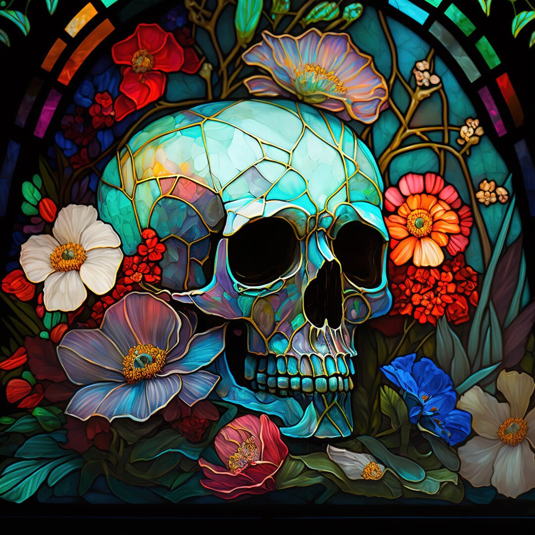 AI Art Download, Stained Glass Memento Mori Floral Day of the Dead ...