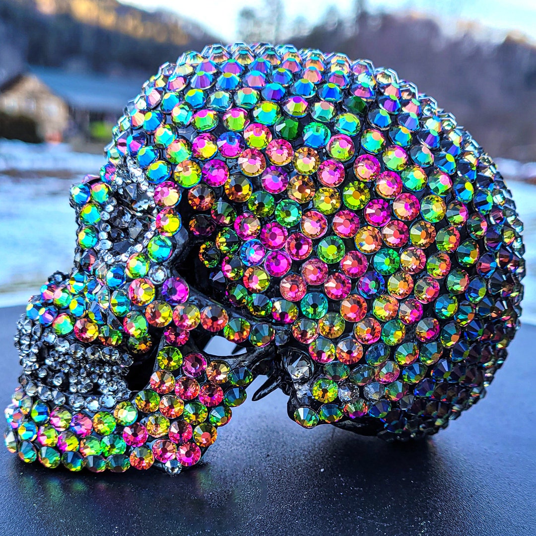 Black Mini Human Skull Replica Adorned With Vitrail Rainbow Rhinestones ...