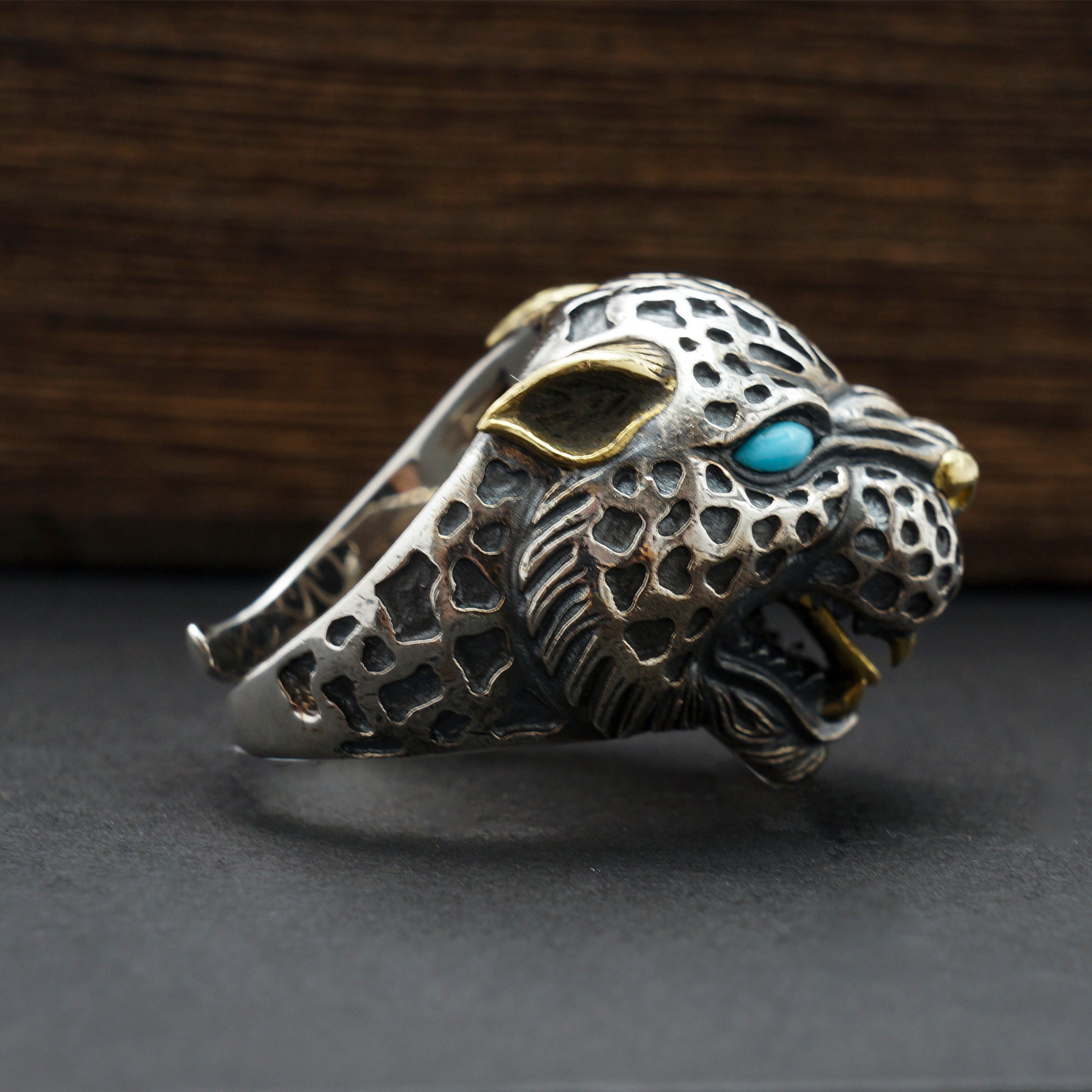Leopard Head Adjustable Silver Ring With Turquoise Jewelry for Leopard ...