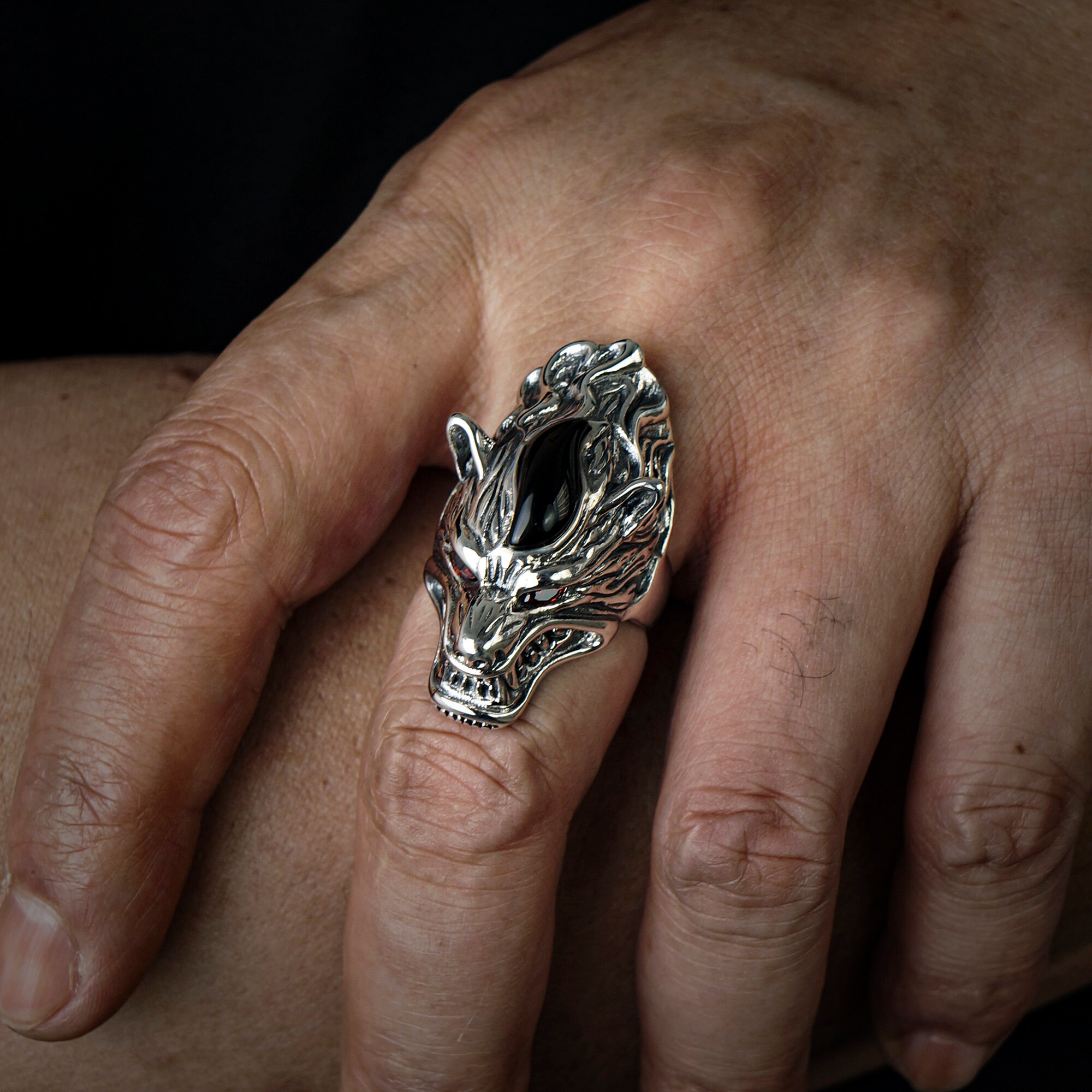 Vintage Wolf Head Ring With Black Onyx925 Silver Wolf - Etsy