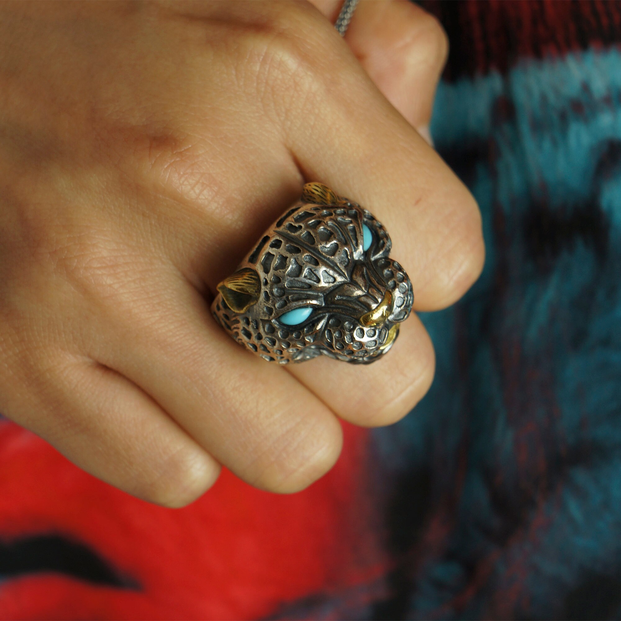 Leopard Head Adjustable Silver Ring With Turquoise Jewelry for Leopard ...