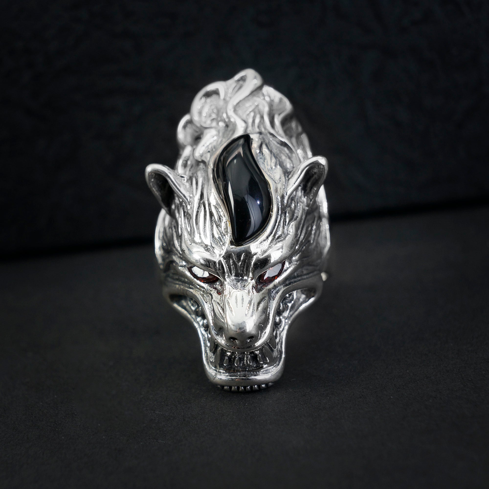 Vintage Wolf Head Ring With Black Onyx,925 Silver Wolf Ring,viking Wolf ...