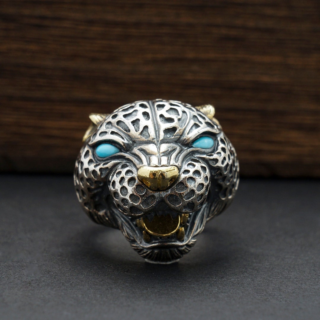 Leopard Head Adjustable Silver Ring With Turquoise Jewelry for Leopard ...