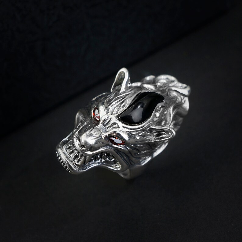 Vintage Wolf Head Ring With Black Onyx,925 Silver Wolf Ring,viking Wolf Signet Ring, Animal Ring ...