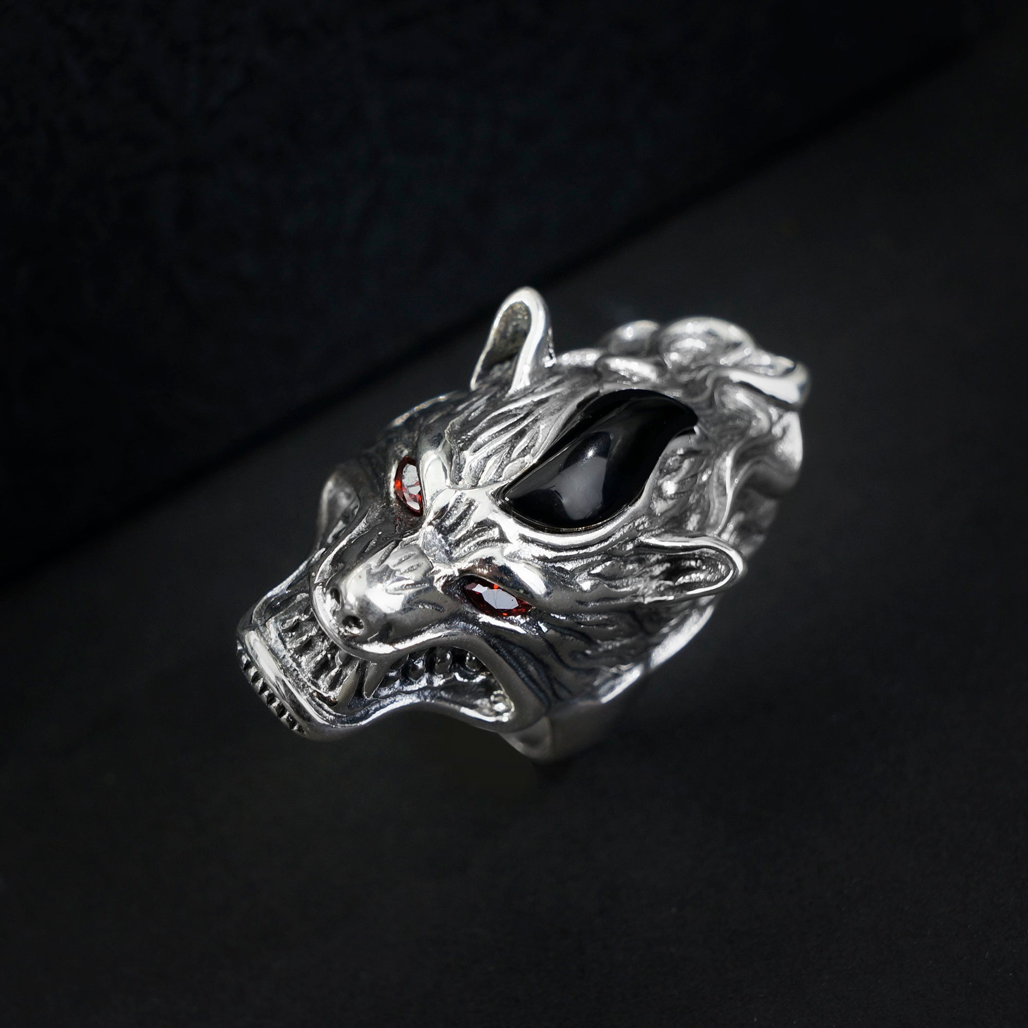 Vintage Wolf Head Ring With Black Onyx,925 Silver Wolf Ring,viking Wolf ...