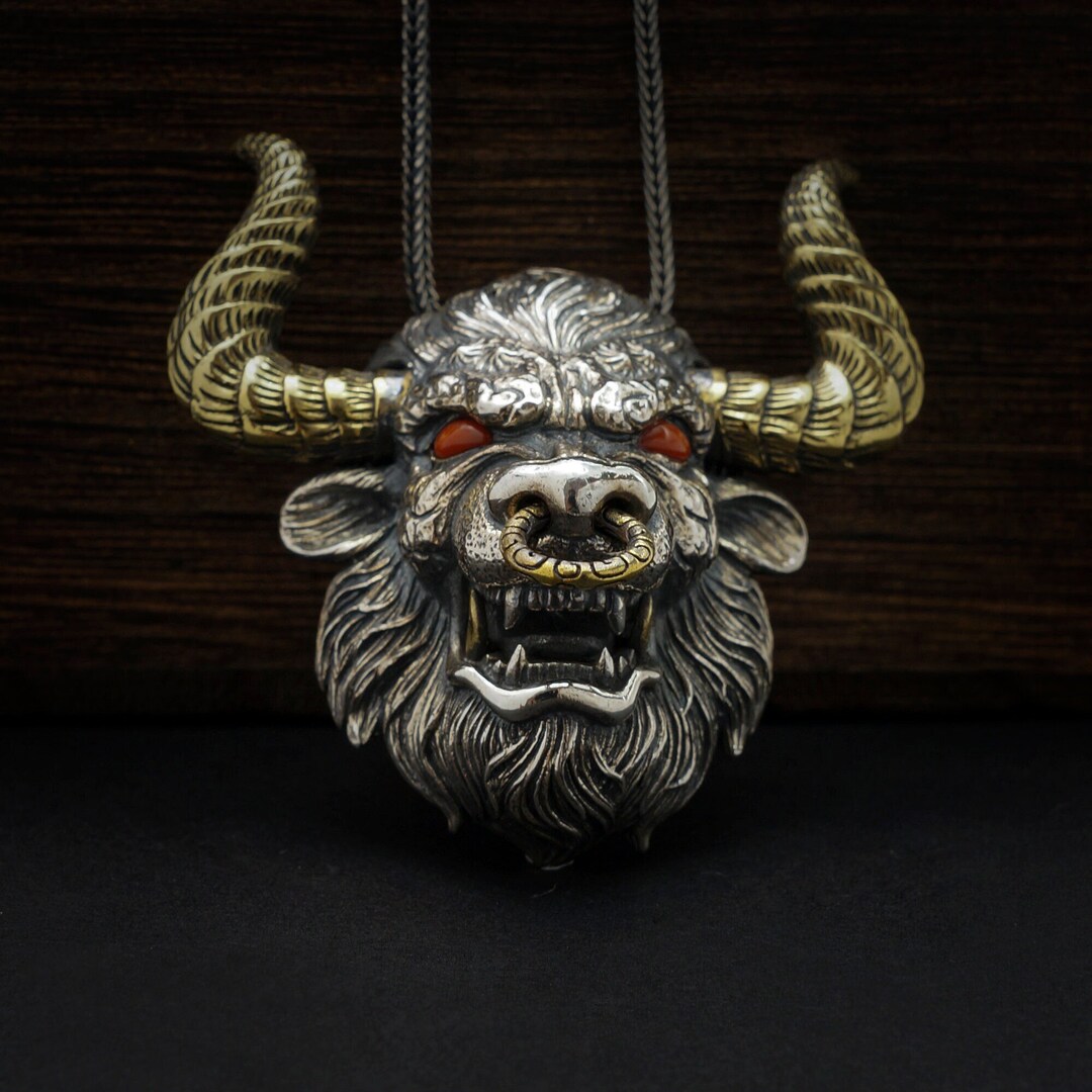 Retro Silver Bull Devil Pendant Gothic Bull Necklack Agate Bull Charm ...