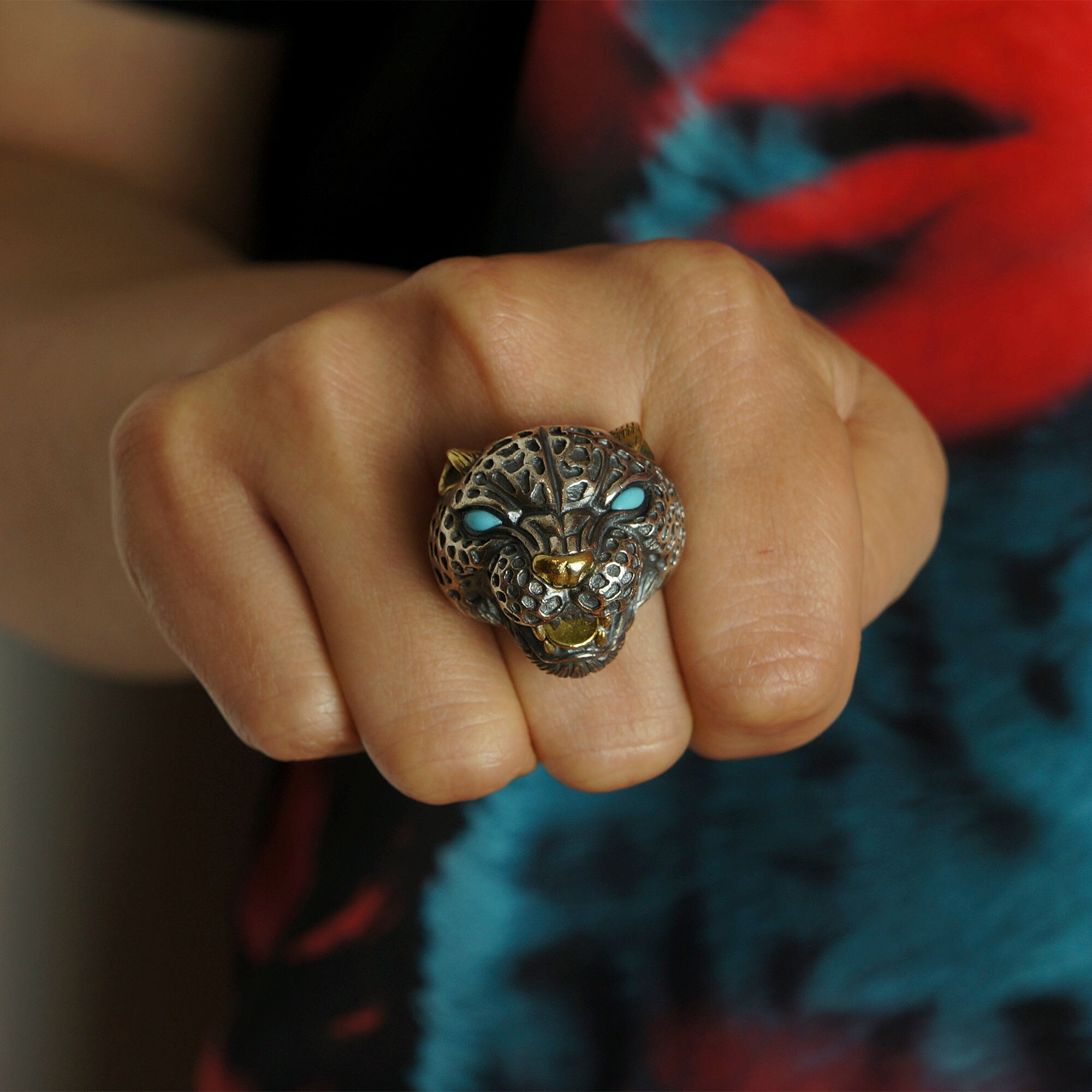 Leopard Head Adjustable Silver Ring With Turquoise Jewelry for Leopard ...