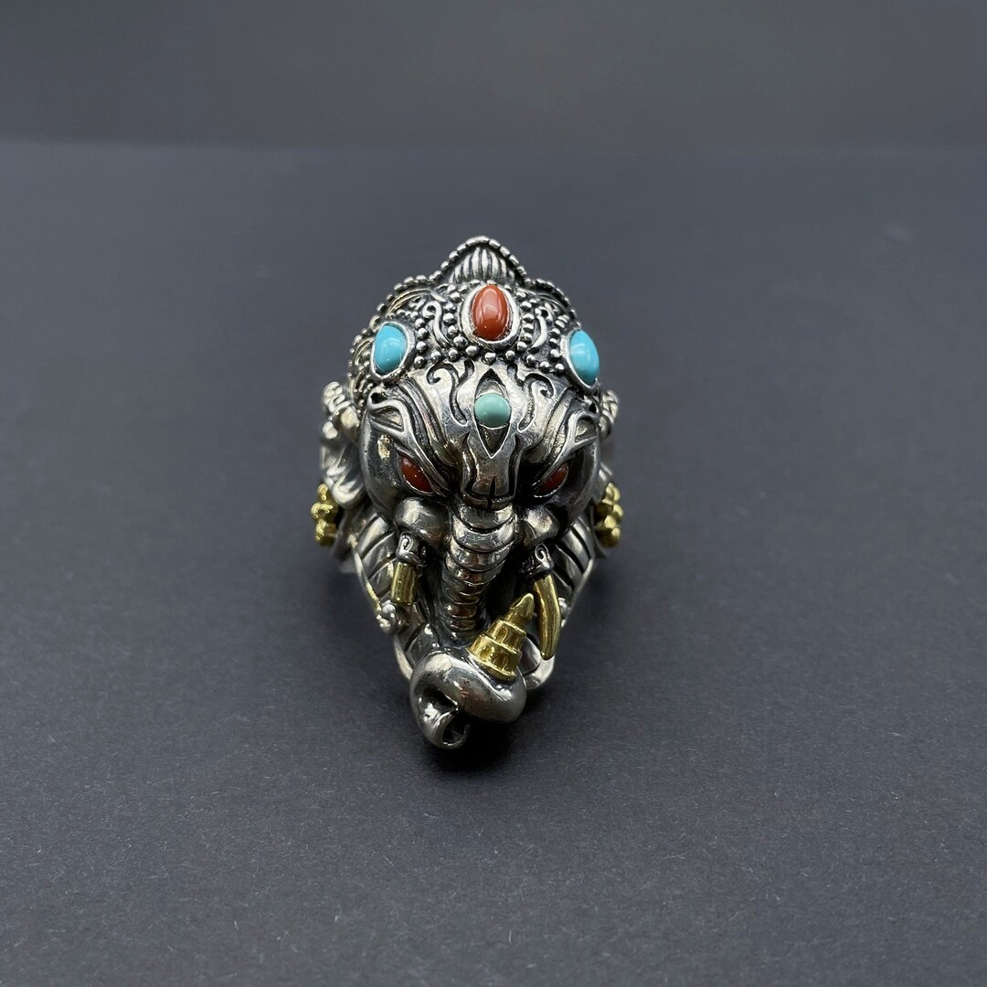 Mens Ring, Elephant Trunk Ring, Silver Elephant Ring, Turquoise Singnet ...