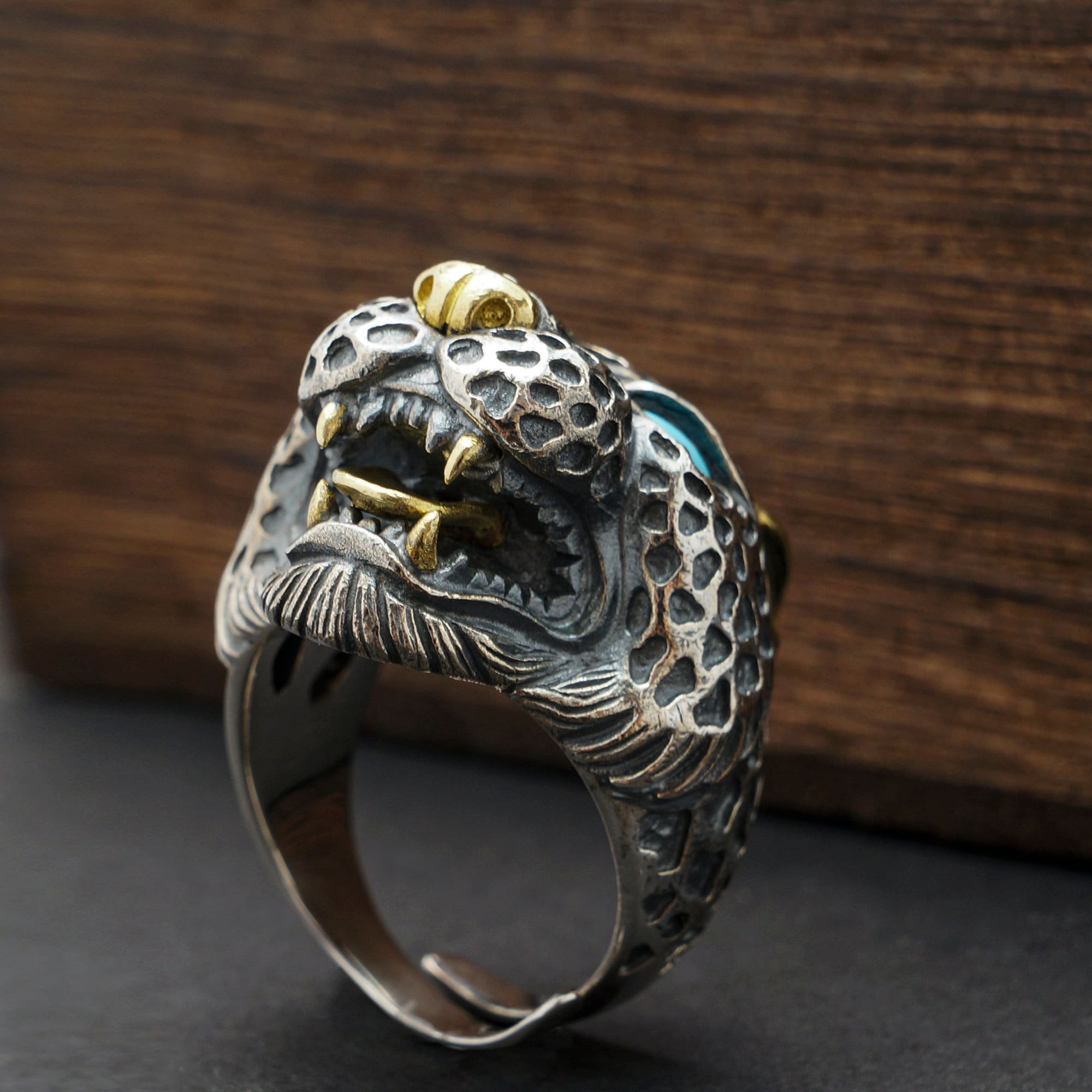 Leopard Head Adjustable Silver Ring With Turquoise Jewelry for Leopard ...