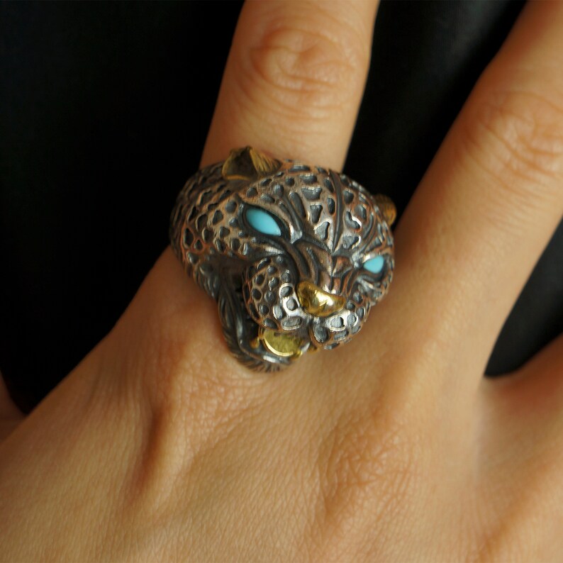 Leopard Head Adjustable Silver Ring With Turquoise Jewelry for Leopard ...