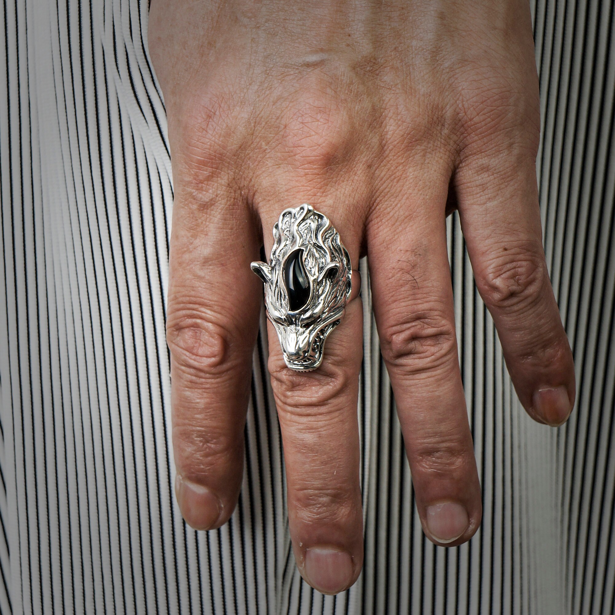 Vintage Wolf Head Ring With Black Onyx925 Silver Wolf - Etsy