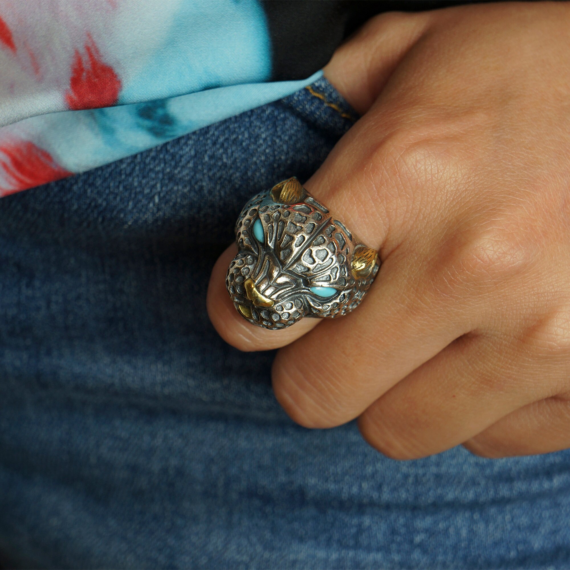Leopard Head Adjustable Silver Ring With Turquoise Jewelry for Leopard ...