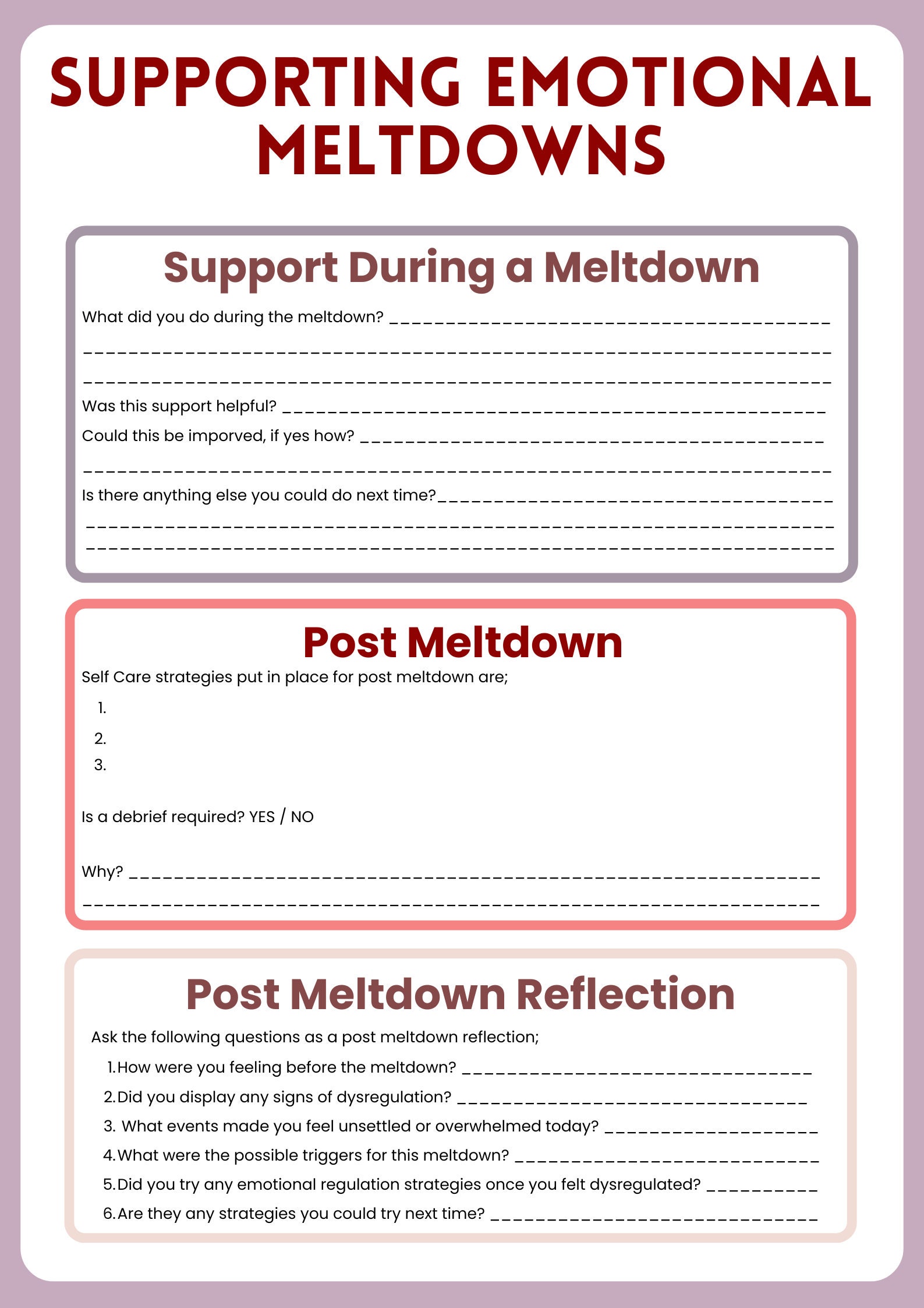 What is a Meltdown & Meltdown Support Poster and Reflection Activity ...