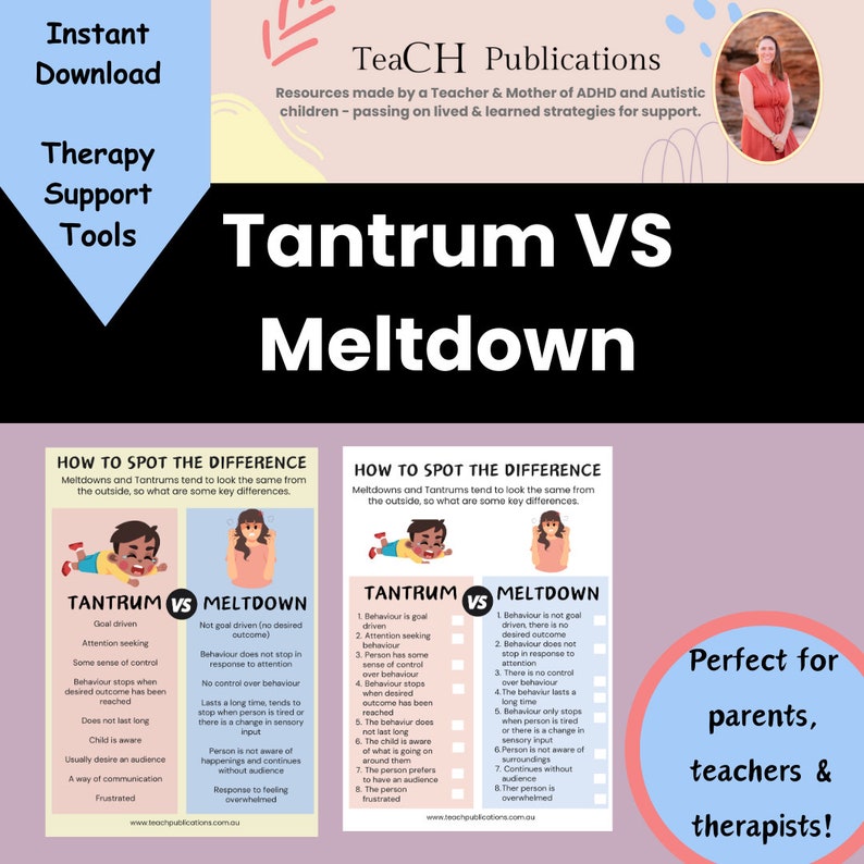Tantrum Vs Meltdown Checklist - Emotional Support - Behaviour Support - Autism Awareness ...