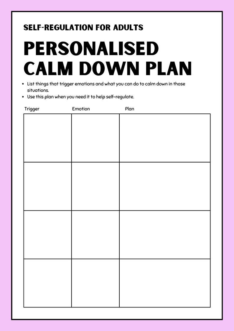 Calm Down Plan Template for Anxiety, ADHD, Autism, Dyslexia Emotional Regulation Support Coping ...