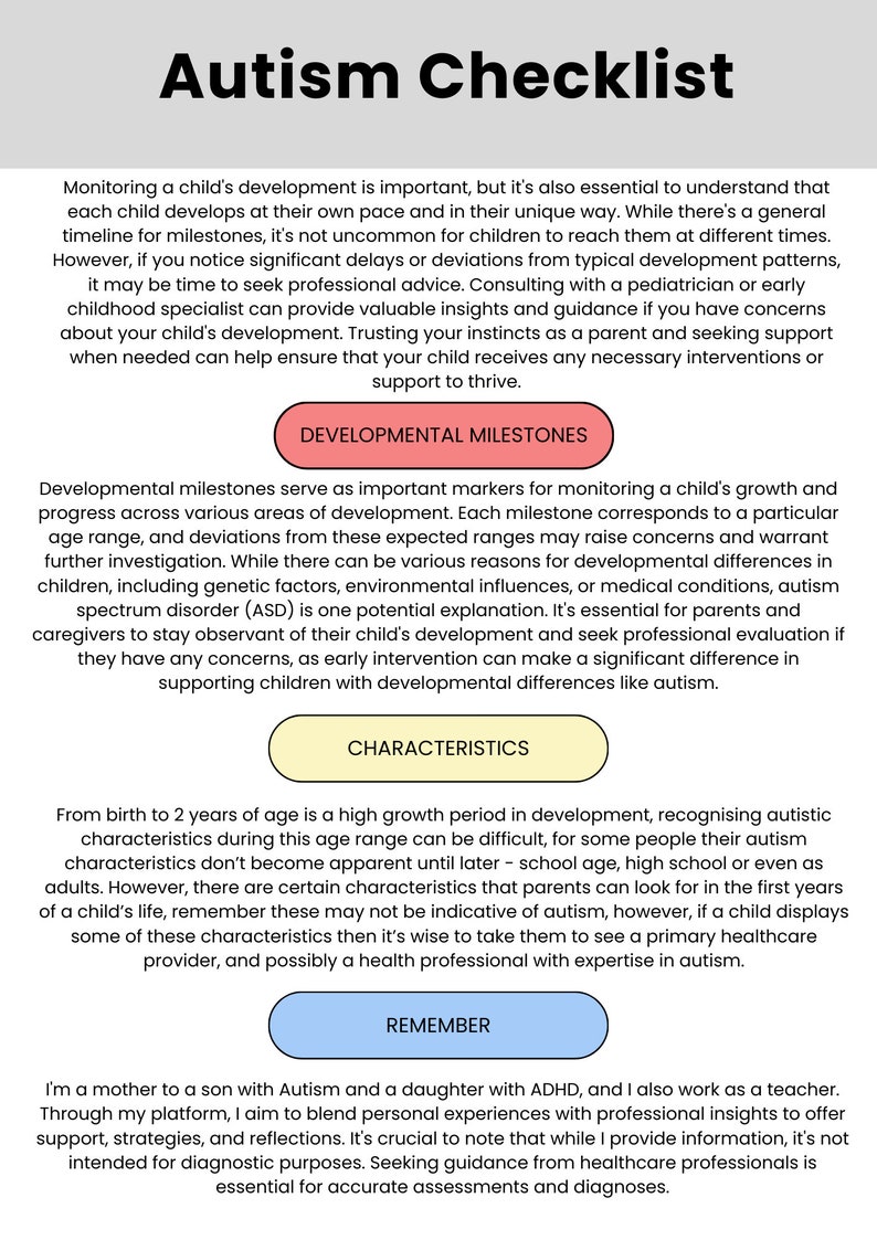 Autism Signs and Symptoms Checklist (instant Download) - Etsy