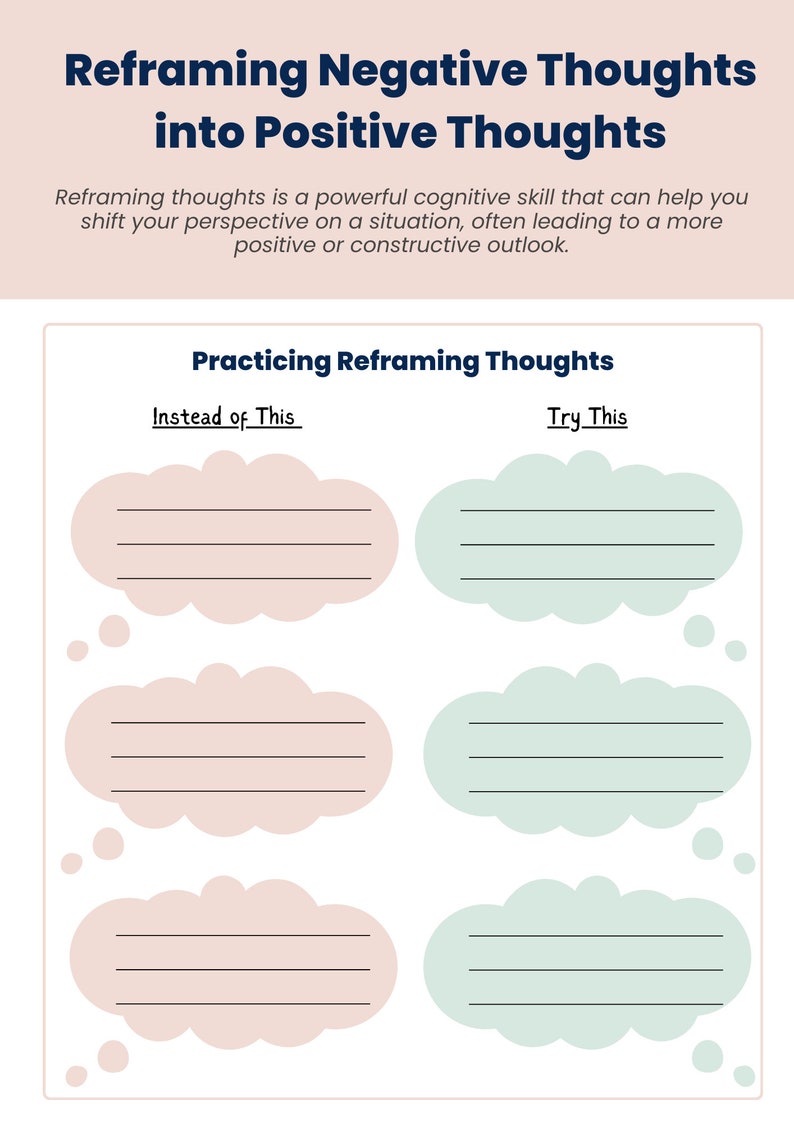 CBT Therapy Worksheets: Reframe Negative Thoughts - Counseling Handout ...