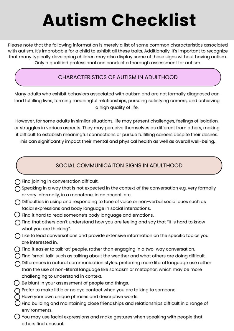 Autism Signs and Symptoms Checklist (instant Download) - Etsy