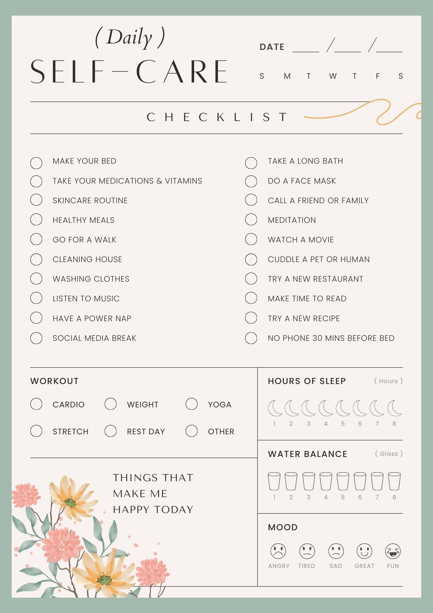 Daily Self Care & Journal - Print at Home Checklist | Work Sheet ...