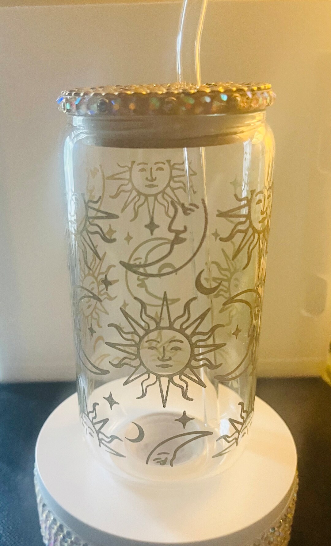 Bedazzled Moon Stars Bling Glass Beer Can Tumbler With Multi Color ...