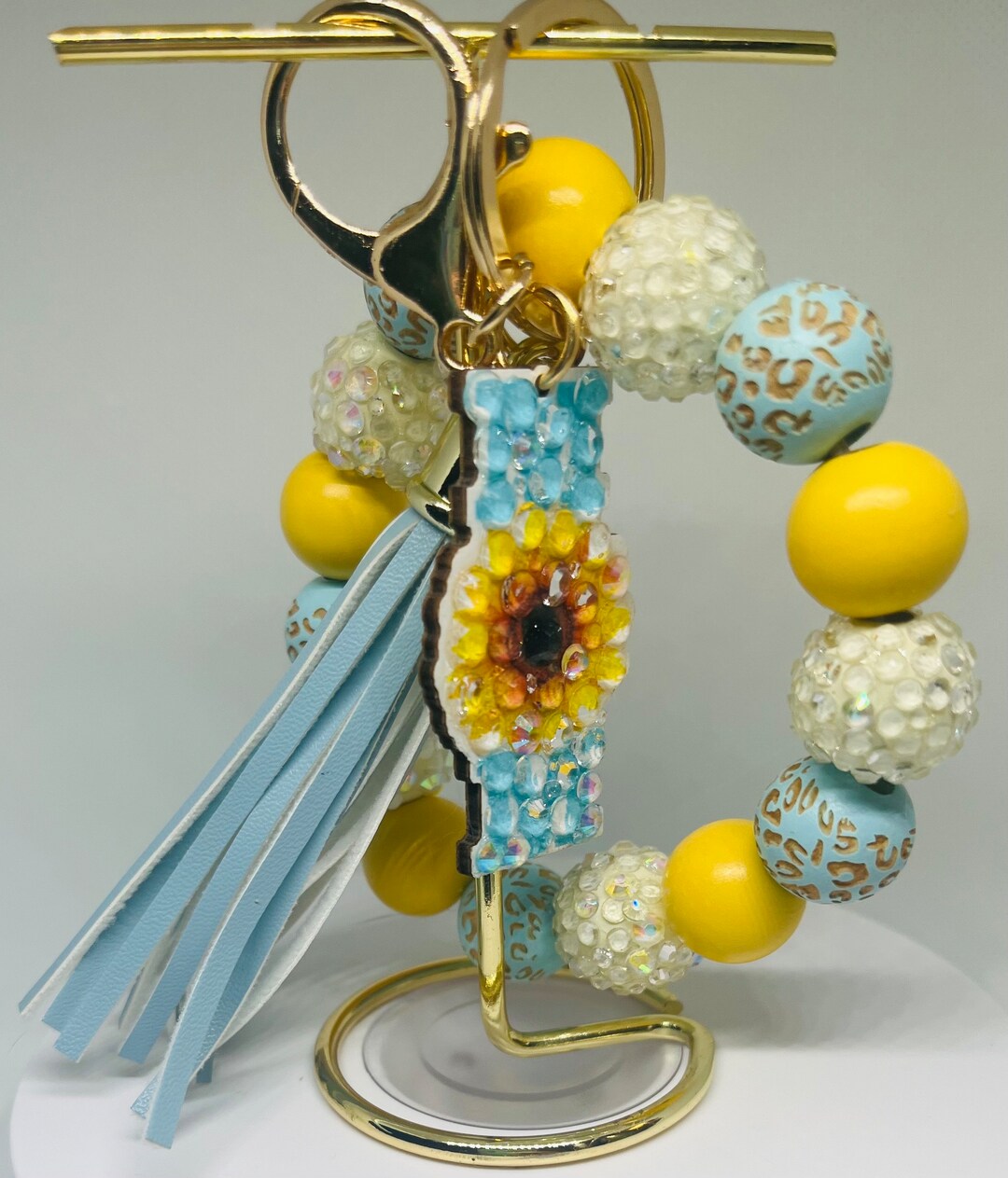 MOM Sunflower Bedazzled AB Rhinestone Bracelet Bling Keychain With Blue ...