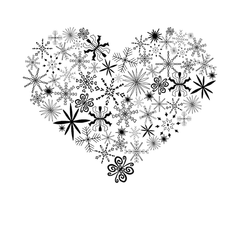 Snowflake Heart Black and White Png, Svg, Pdf and Jpeg Files. - Etsy