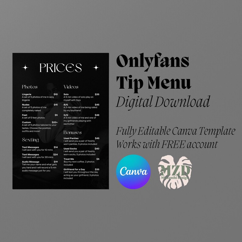 Onlyfans Tip Menu Editable Canva Template Modern Luxury Tipping Menu for Fansly, Patreon ...