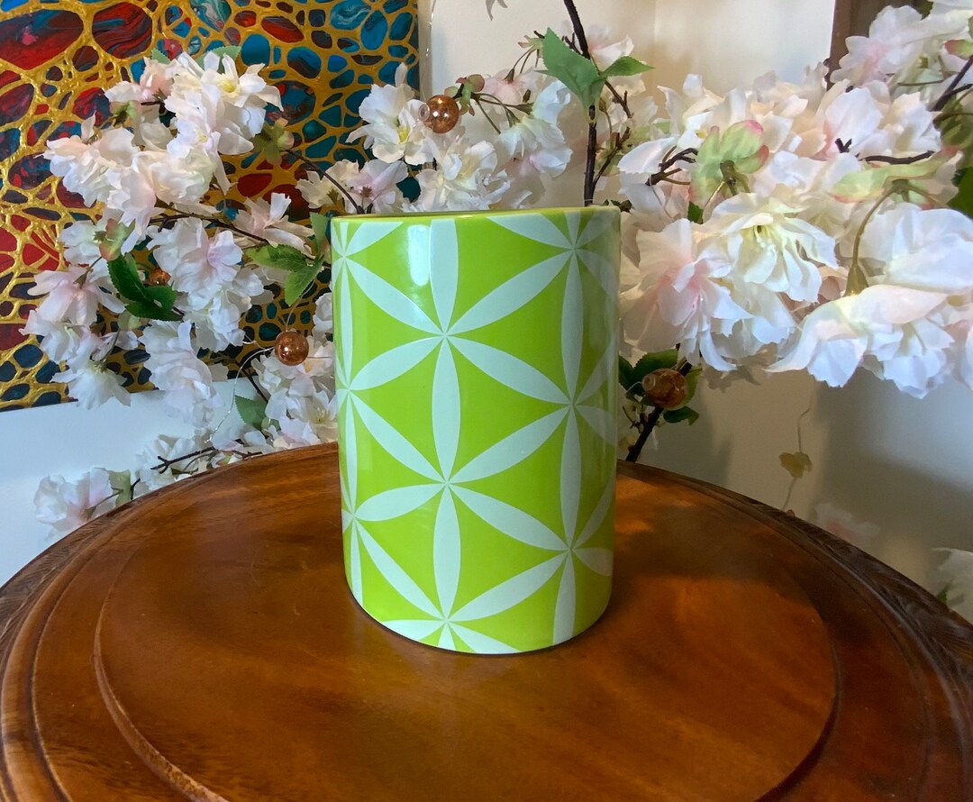 Green Ceramic Canister With Geometric Design Large Utensil Holder - Etsy