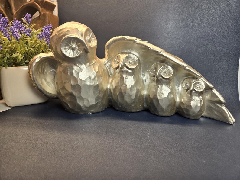 Large Sculpture of Silver Owl With 3 Babies - Etsy