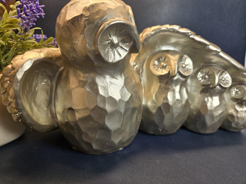 Large Sculpture of Silver Owl With 3 Babies - Etsy