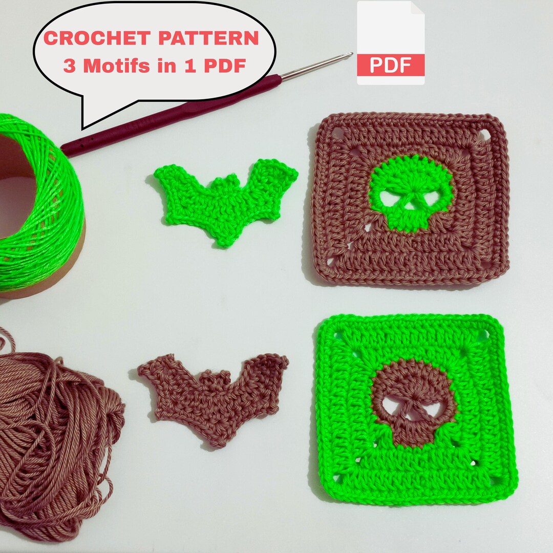 Crochet Skull & Bat Appliqués: Halloween Granny Square Pattern (PDF ...