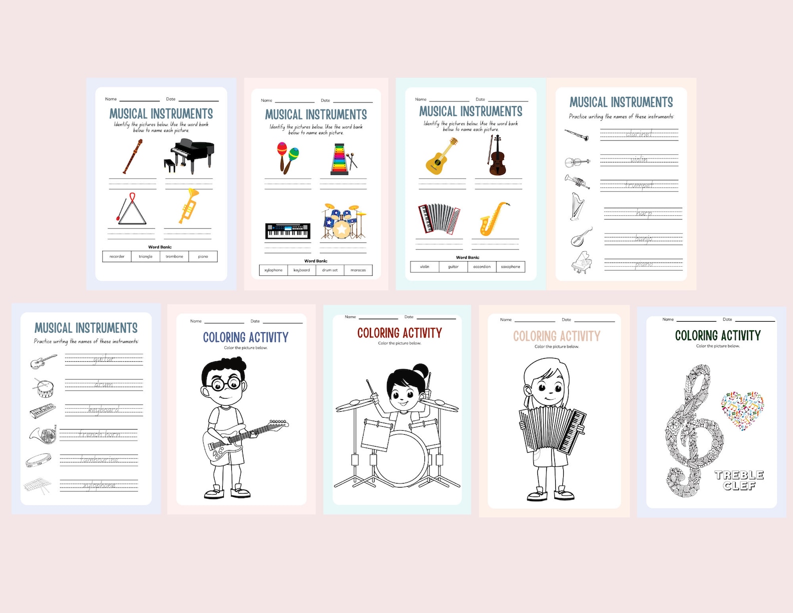 Music Worksheet Bundle, Instruments, Note Values, Mnemonic Chart (PDF ...