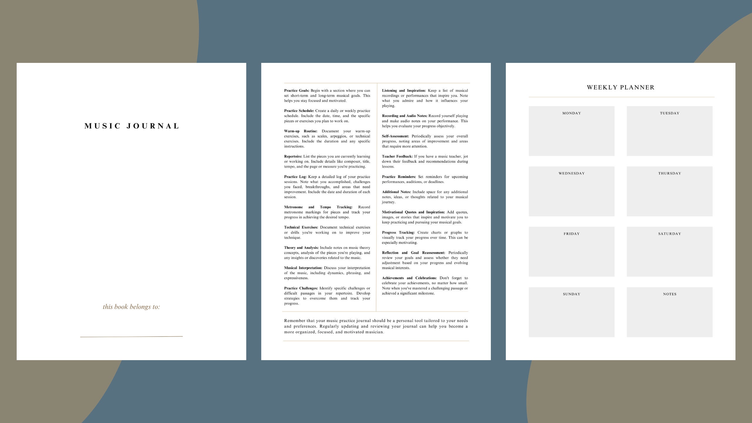 Printable Music Journal for Musicians | Music Assignment Lesson Planner ...