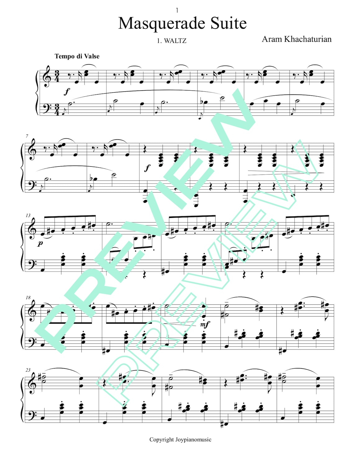 Piano Sheet Music Download [masquerade Suite 1. Waltz by Aram Khachaturian] - Etsy