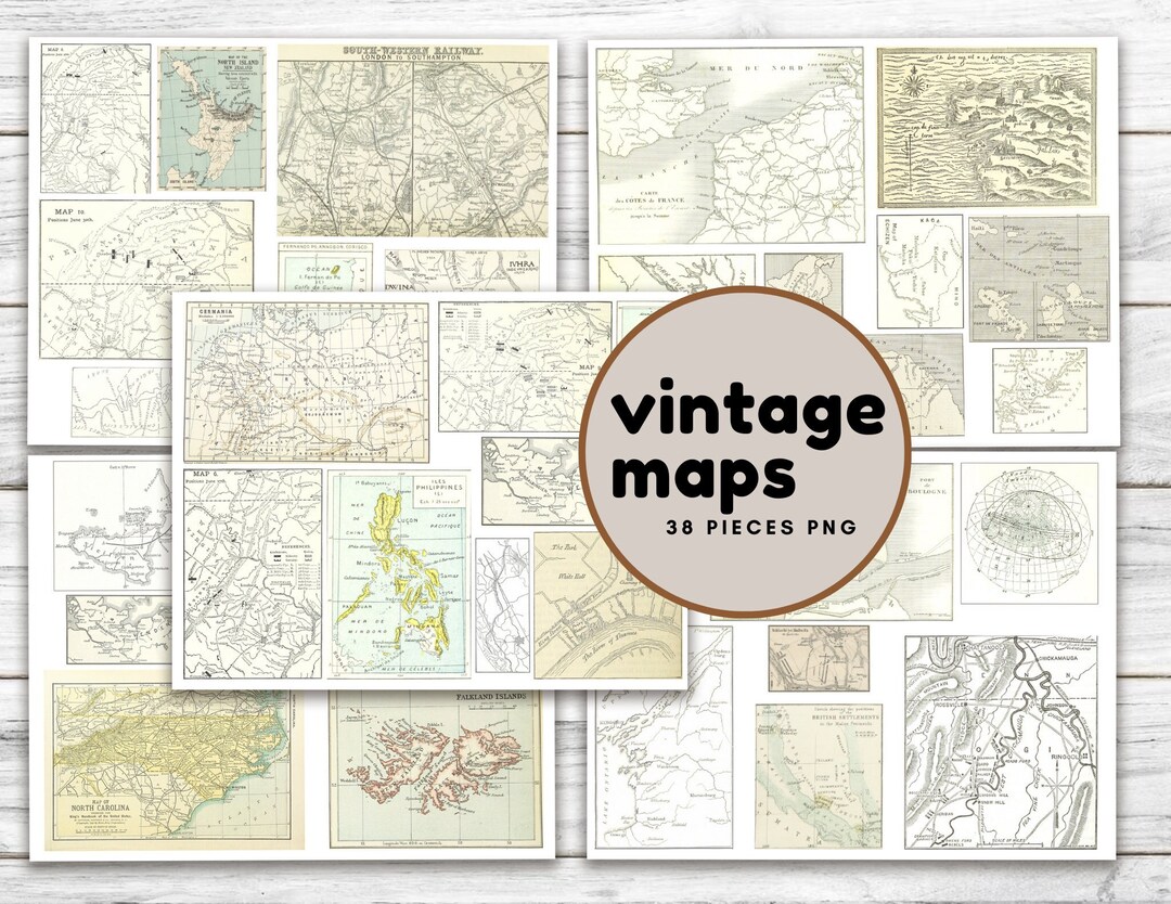 DIGITAL | Vintage Map Ephemera Kit | 38 Pieces | Junk Journal Ephemera | Scrapbooking Printable ...