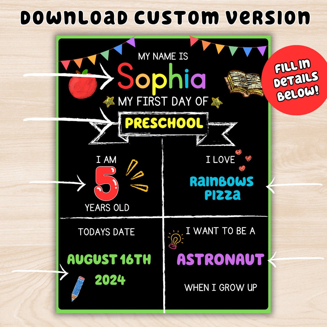 First Day of School Sign Printable Preschool Sign Download Kindergarten ...