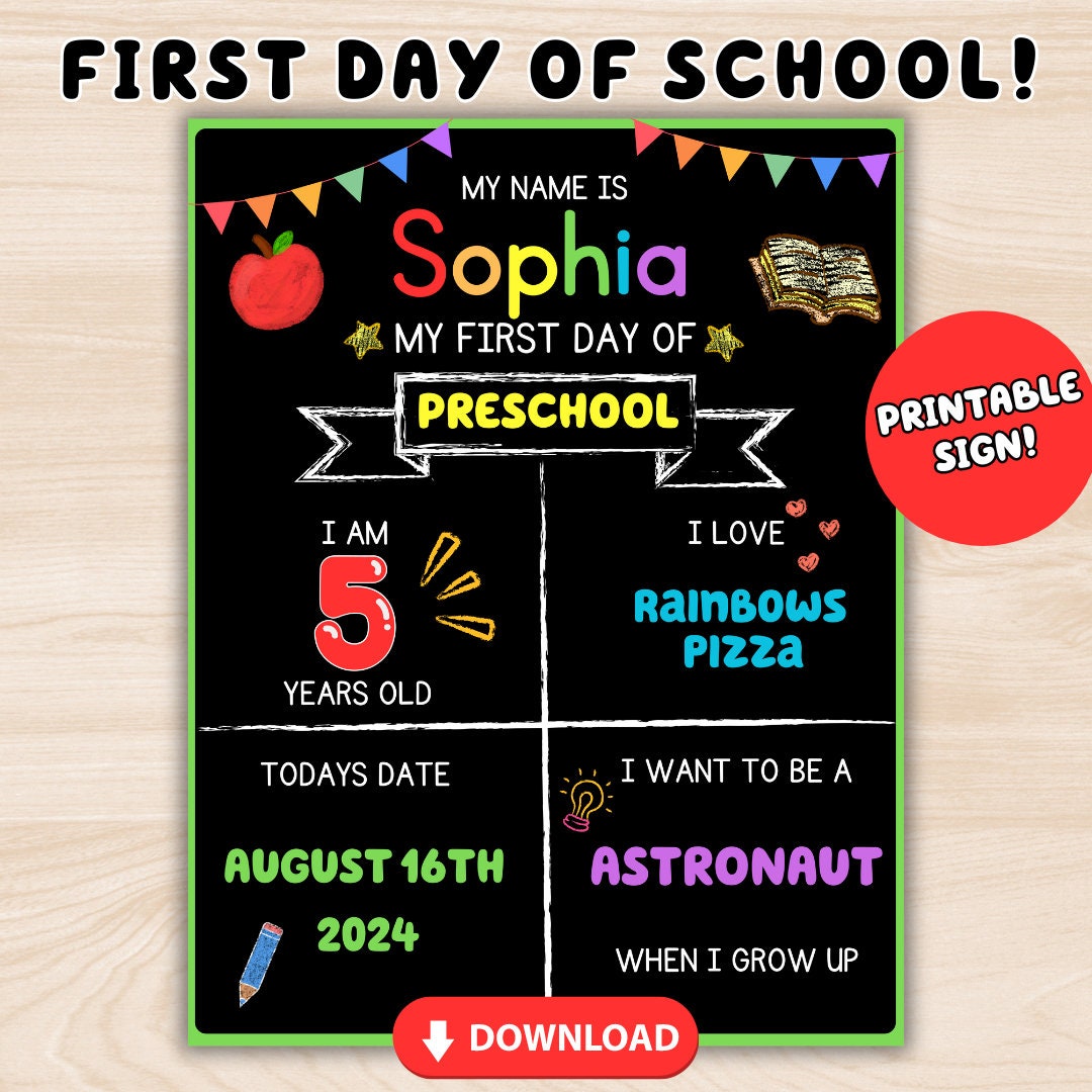 First Day of School Sign Printable Preschool Sign Download Kindergarten ...