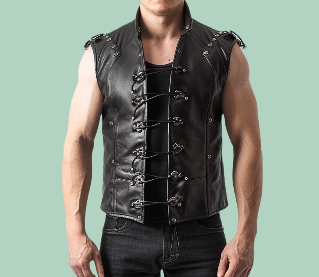 Handmade Men Leather Vest Black Leather Strip Closer Vest Genuine ...