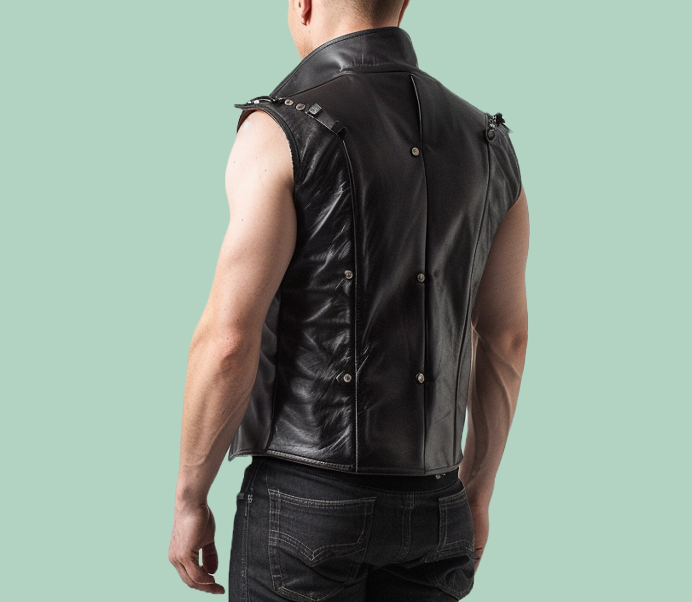 Handmade Men Leather Vest Black Leather Strip Closer Vest Genuine ...