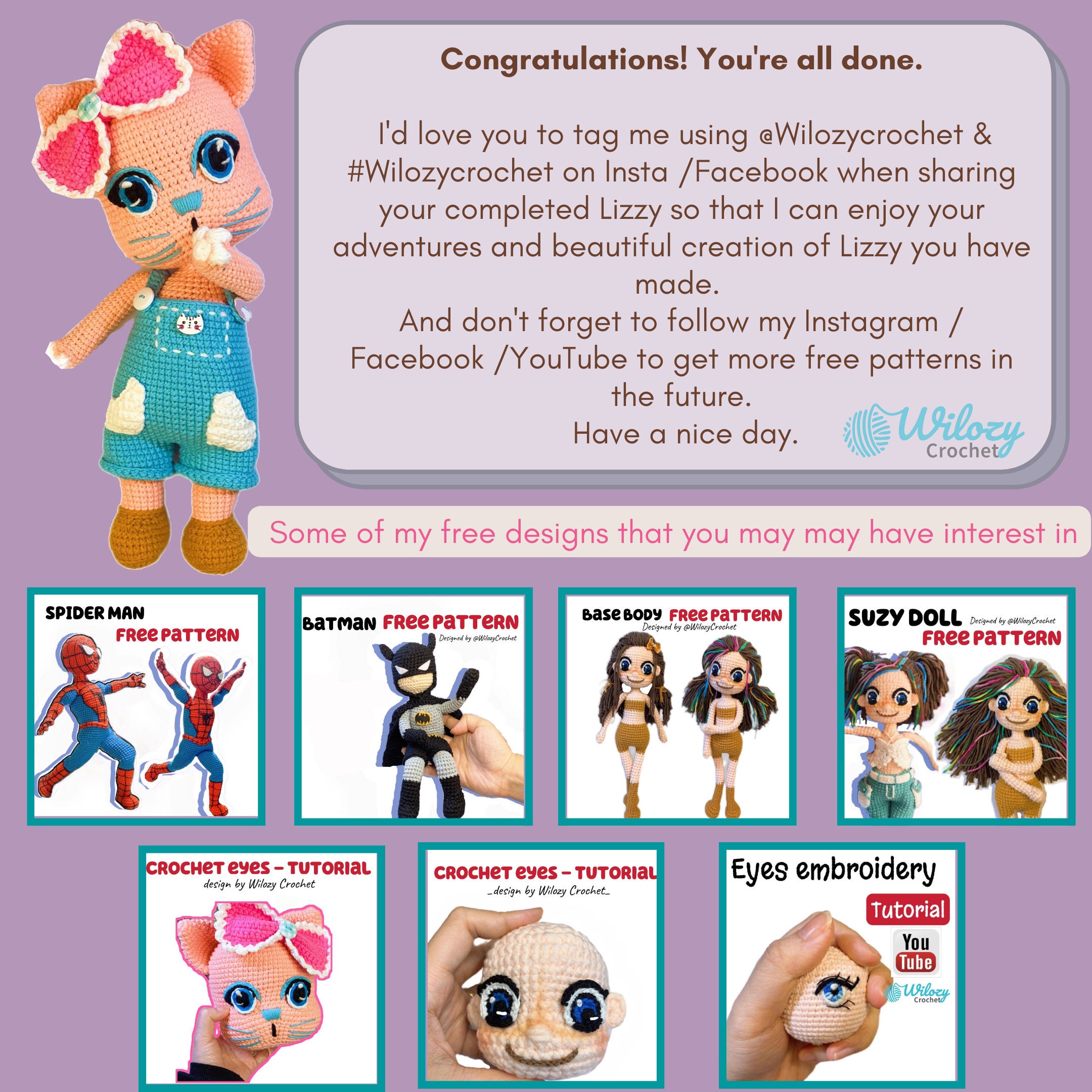 Lizzy Cat Free Crochet Pattern Design by Wilozycrochet - Etsy