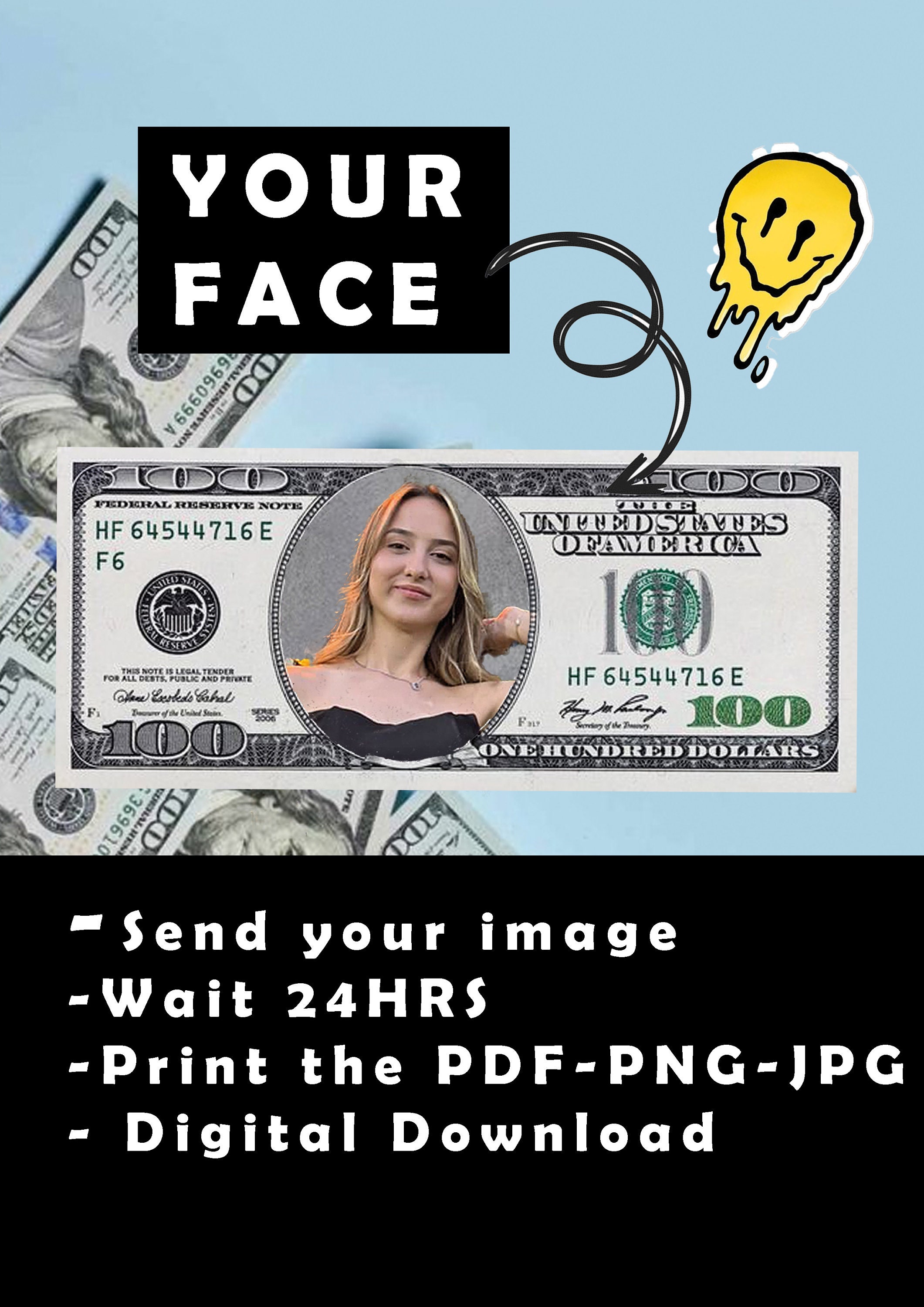Your Face on Money, Personalized Dollar, Dollar Art, Game Money, 100 ...