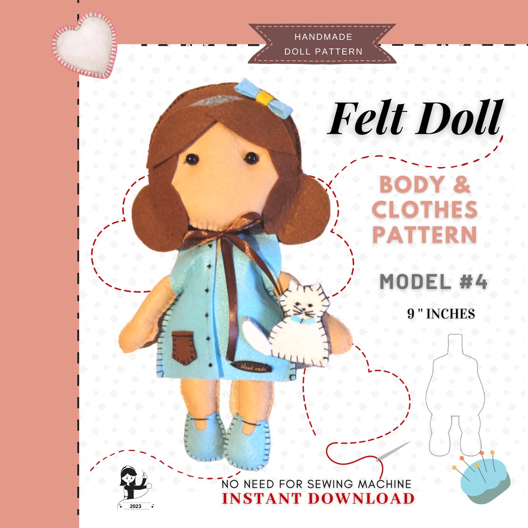 Felt Doll Pattern for Body & Clothes, Size 25 Cm 9 Inches Model 4 ...